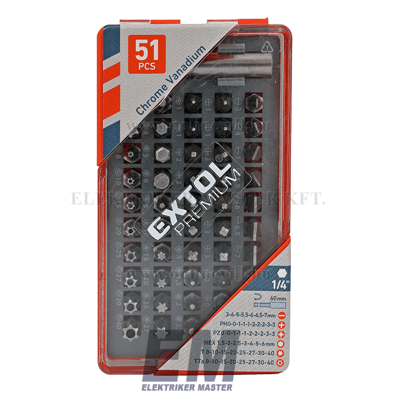 Bitkészlet Bitfej behajtó készlet 51db-os mágneses behajtó szárral Extol Premium 8819642