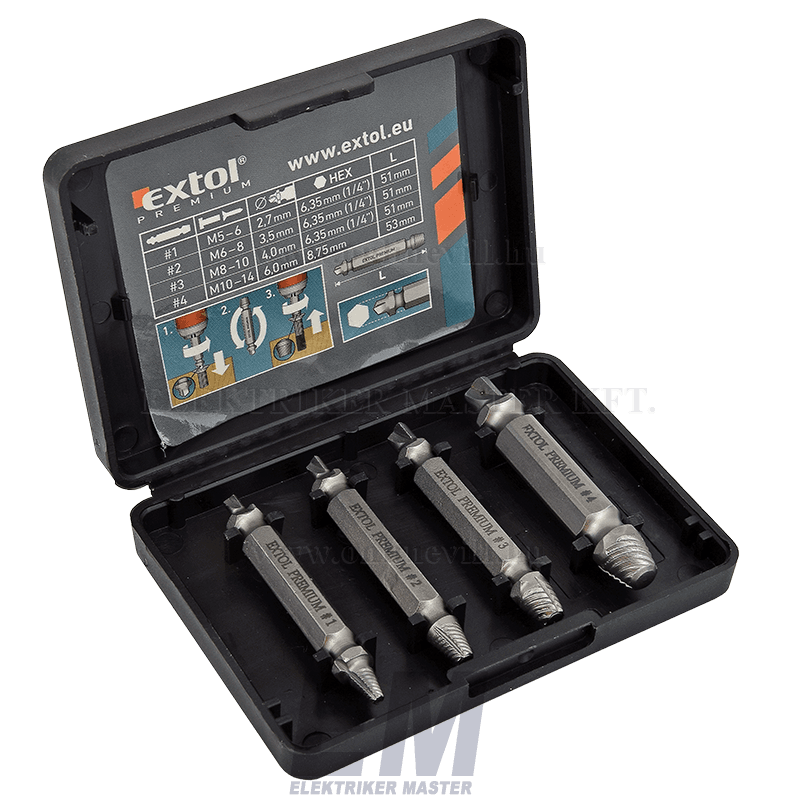 Törtcsavar kiszedő szett 4db Sérült csavar kiszedő Extol Premium 8801842