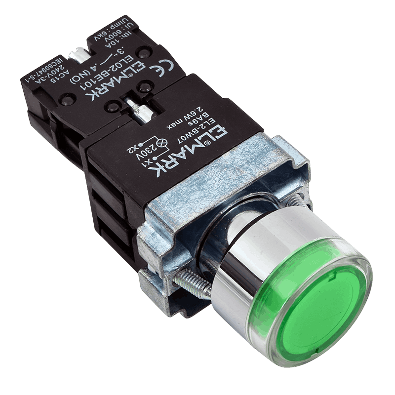 Nyomógomb ipari zöld led 230V Elmark EL2-BW3371 401371