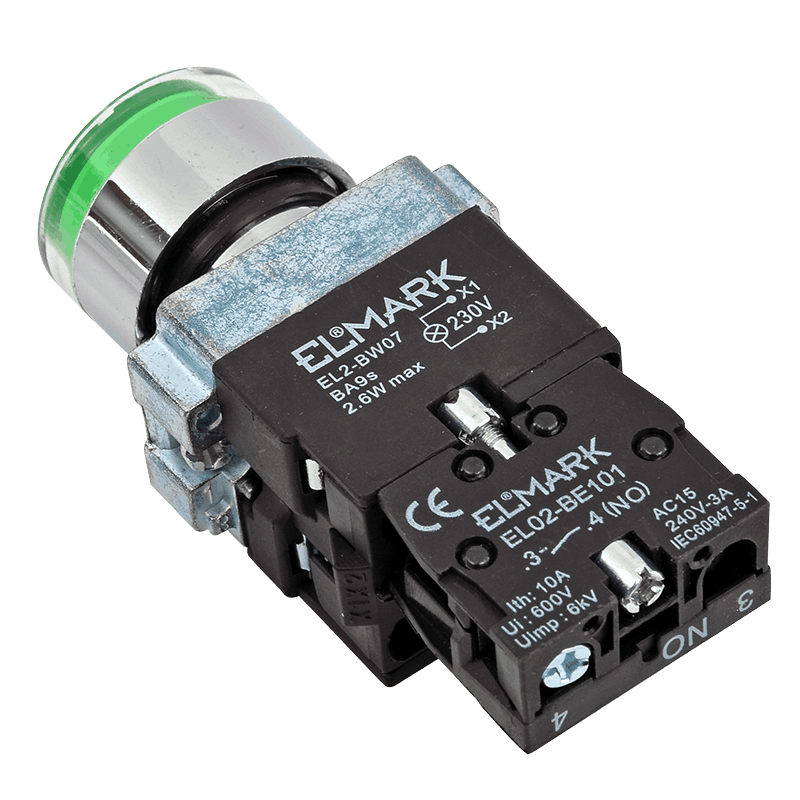 Nyomógomb ipari zöld led 230V Elmark EL2-BW3371 401371