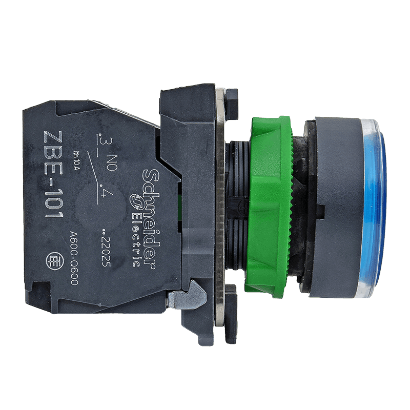 Schneider Világító nyomógomb komplett visszatérő kék 24V AC/DC 1NO+1NC ...