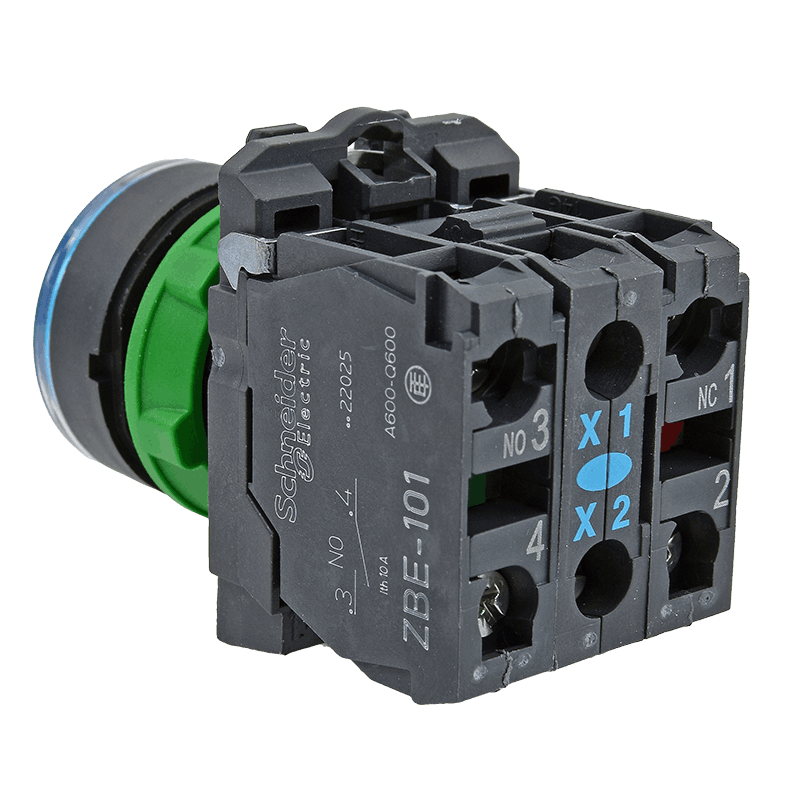 Schneider Világító nyomógomb komplett visszatérő kék 24V AC/DC 1NO+1NC ...
