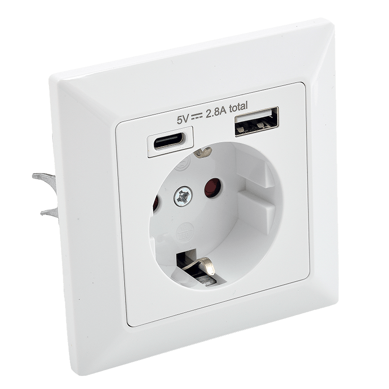 Süllyesztett Dugalj 2P+F +USB-A+C töltő aljzat konnektor fehér kerettel ...