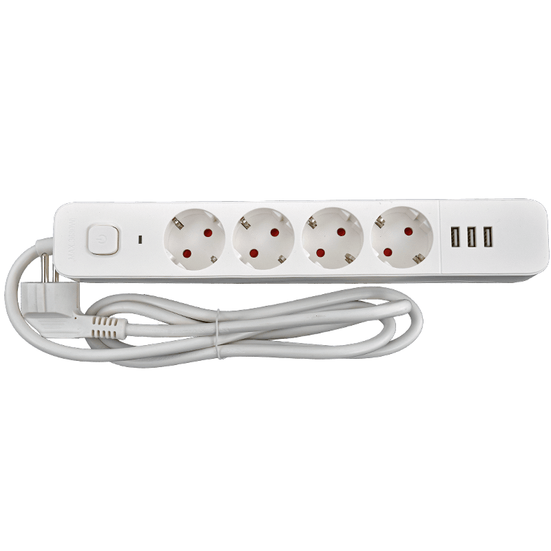 Hálózati Hosszabbító 4-es elosztó + 3X USB töltő 1,5m kábel Kapcsolóval Entac ESES1.5G4-1.5-SW-3USB