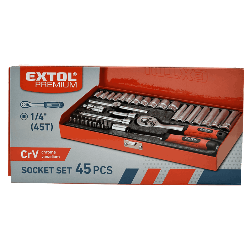Dugókulcs készlet racsnis hajtókarral krova készlet 4-14mm dugófejek 45db-os Extol Premium 8818360
