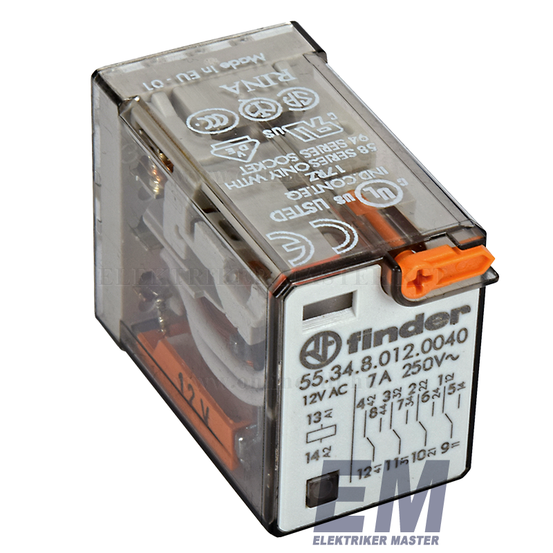 Finder Miniatűr dugaszolható ipari relé 4 váltó érintkezős 12V AC 7A 55.34.8.012.0040