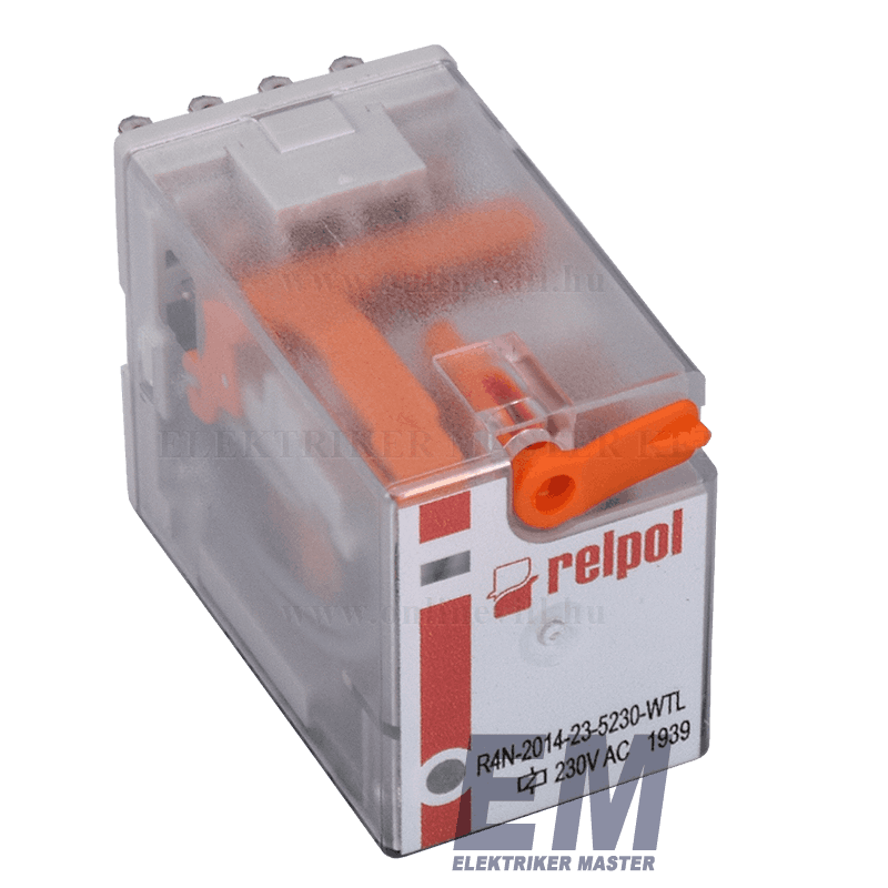Relpol Miniatűr dugaszolható ipari relé 4 váltóérintkezős 230V AC 7A R4N-2014-23-5230-WTL