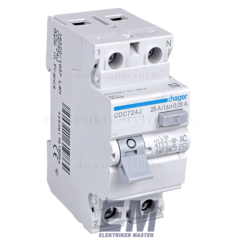 Fi relé 2P 25A 30mA 6kA (AC) áramvédő kapcsoló ÁVK ÉV relé HAGER CDC724J