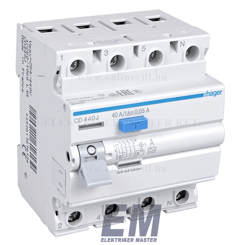 Fi relé 4P 40A 30mA 6kA (A) áramvédő kapcsoló ÁVK ÉV relé HAGER CD440J