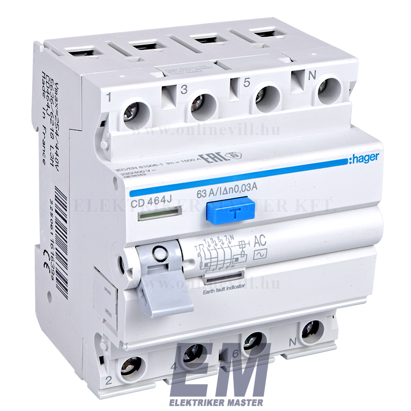 Fi relé 4P 63A 30mA 6kA (AC) áramvédő kapcsoló ÁVK ÉV relé HAGER CD464J